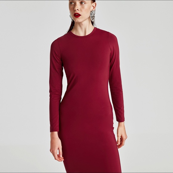 Zara | Dresses | Zara Maroon Polyamide Dress With Long Sleeves | Poshmark